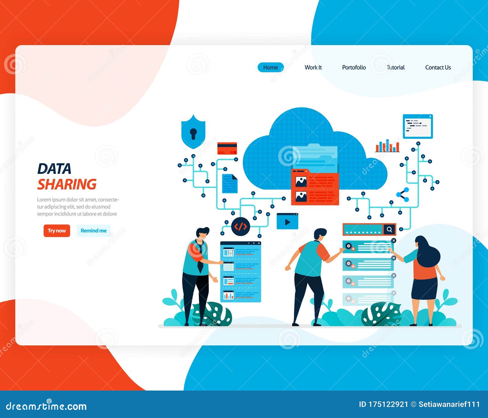 Vector Cartoon Illustration of Data Sharing Technology, Remote Worker ...