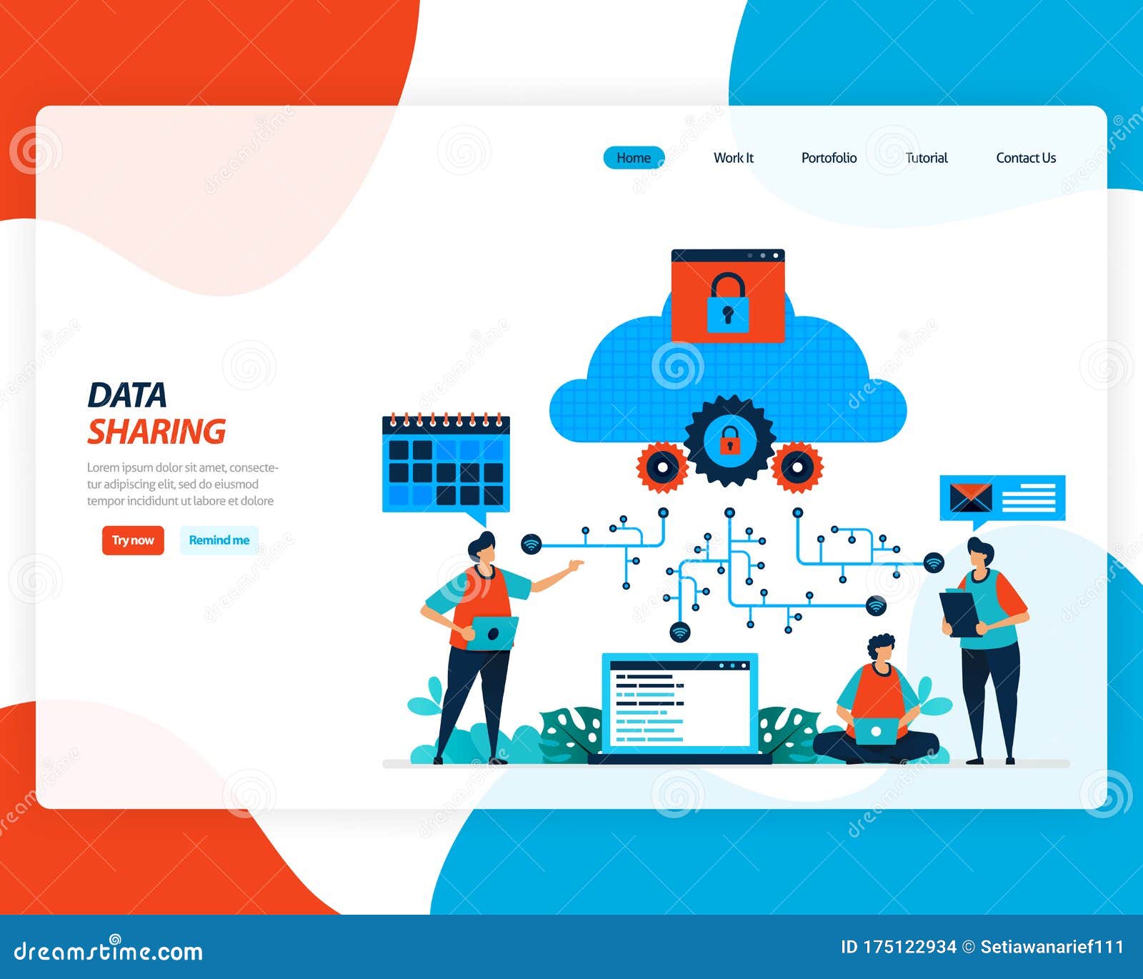 Vector Cartoon Illustration of Data Sharing Technology, Remote Worker ...