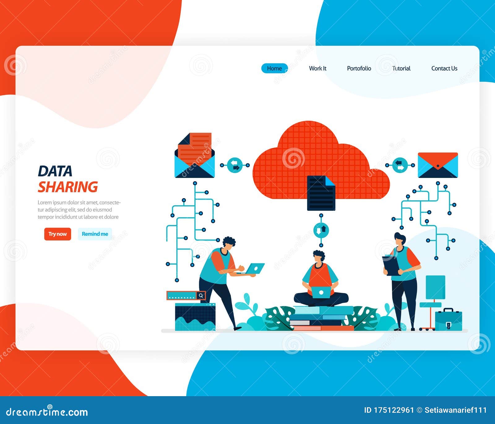 Vector Cartoon Illustration of Data Sharing Technology, Remote Worker ...