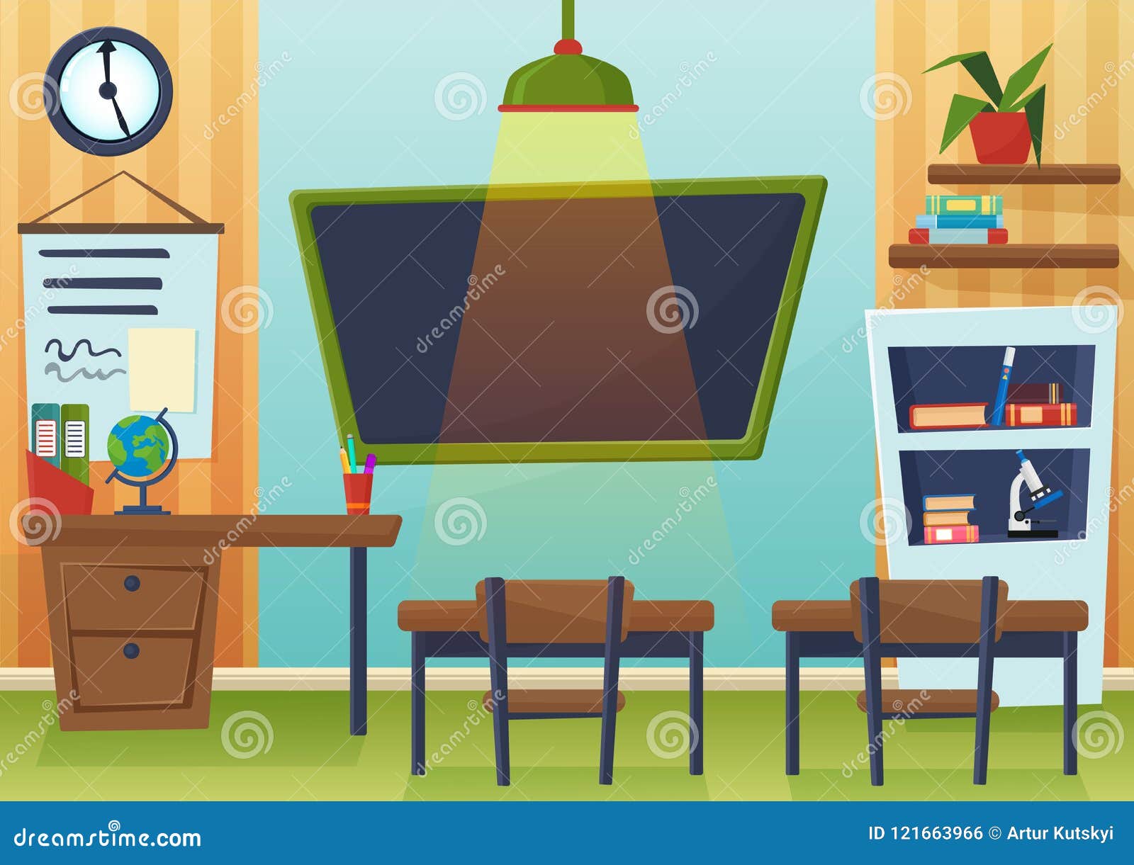 Vector Cartoon Illustration Of Empty School Classroom With Chalkboard