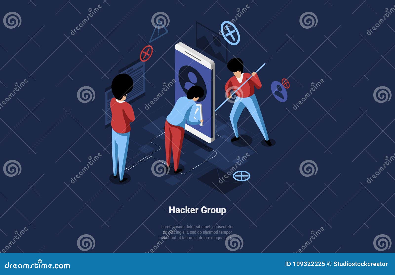 Vector Cartoon Illustration with Hacker Group of Three Male Characters ...