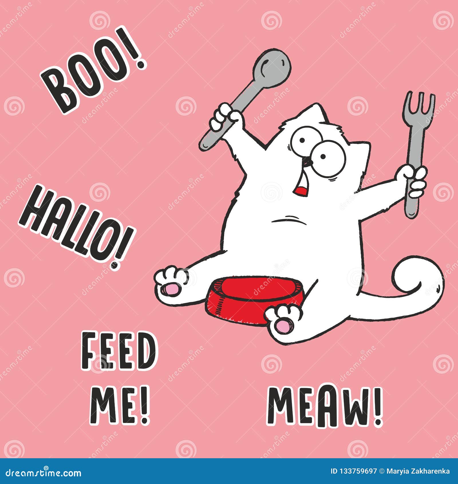 Vector Cartoon Illustration of Hungry Fat White Cat with Spoon, Fork ...