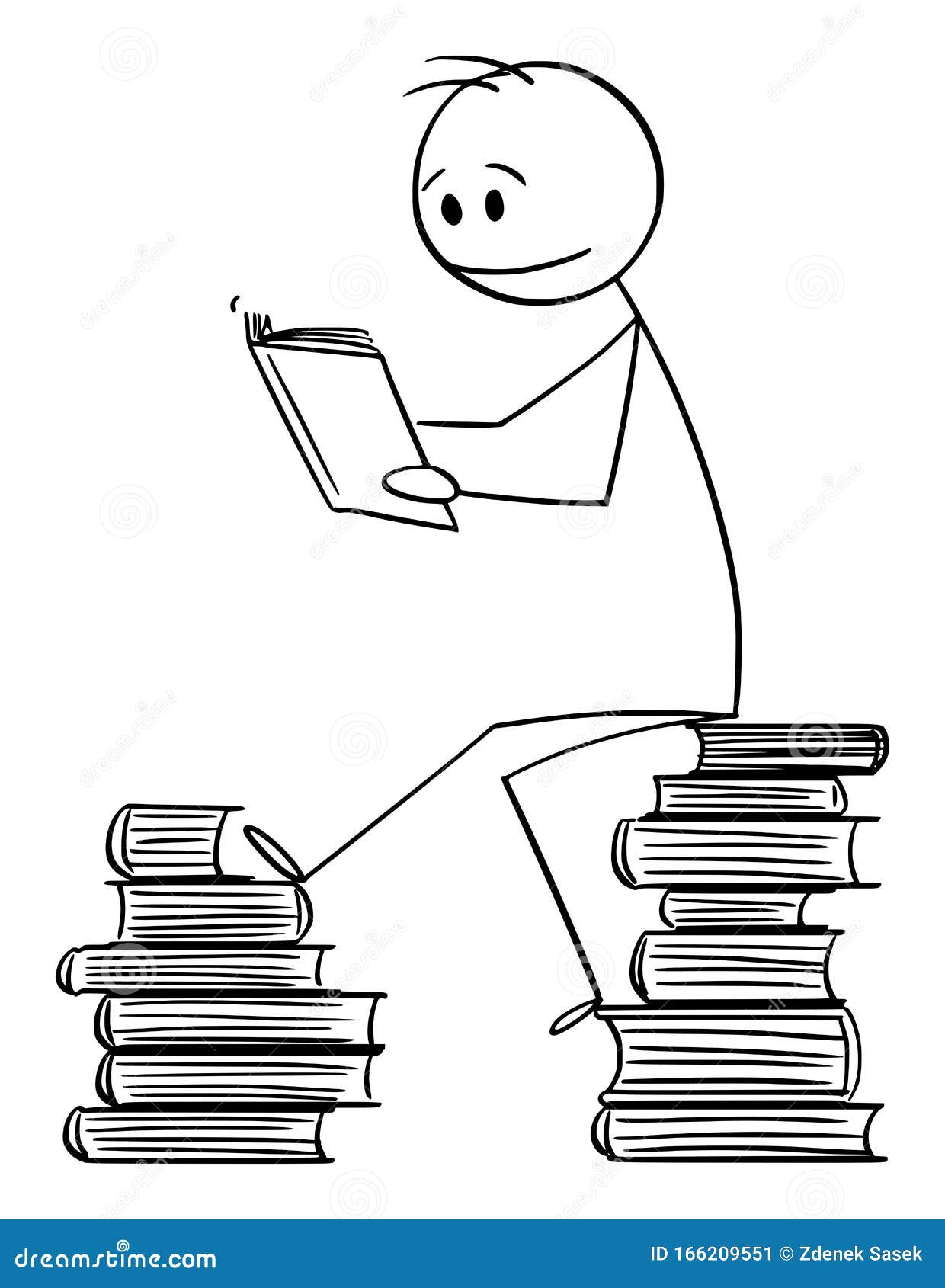 Vector Cartoon Illustration Of Man Sitting On Pile Of Books And Reading