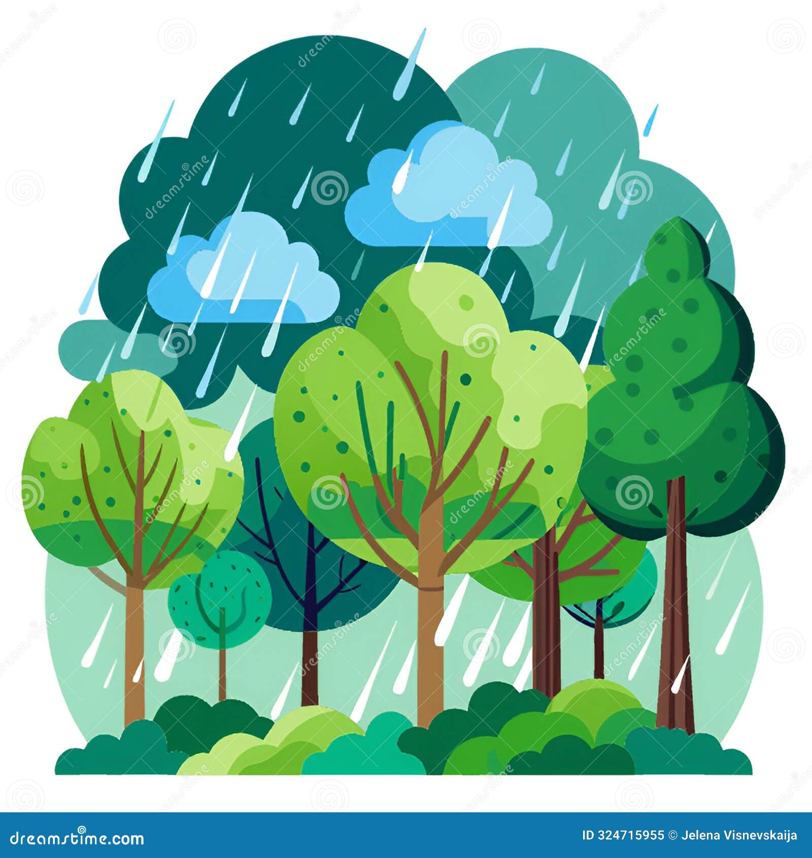 Vector Cartoon Illustration of Rain and Trees Stock Illustration ...