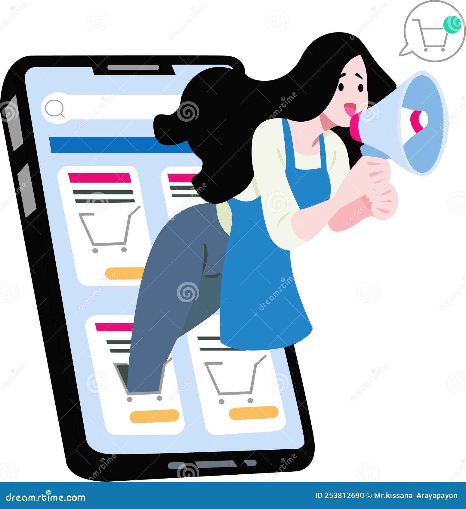 Vector Cartoon Illustration Selling Products in Mobile Applications ...