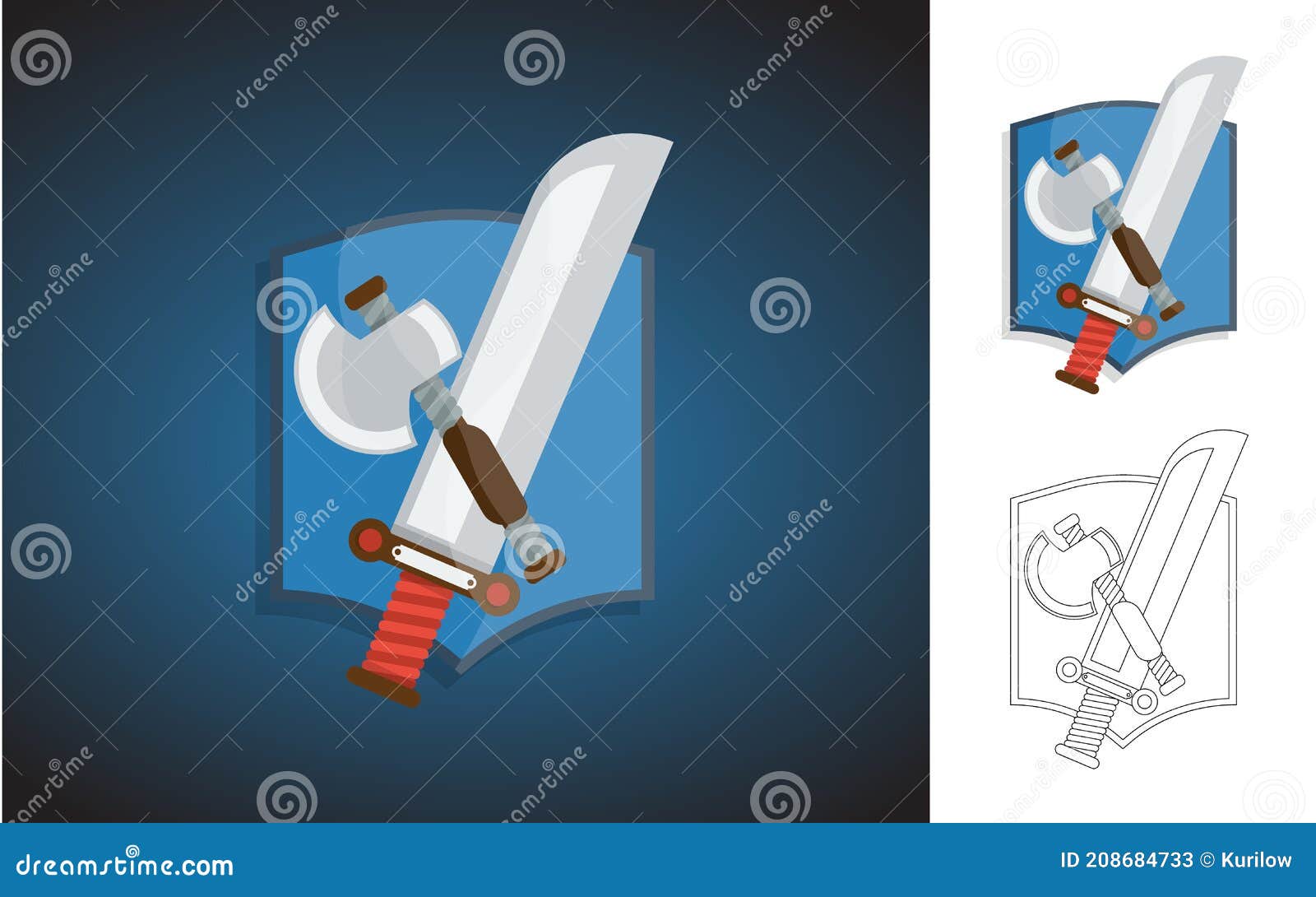 Vector Cartoon Illustration of a Weapon with a Shield. Ax and Sword in ...