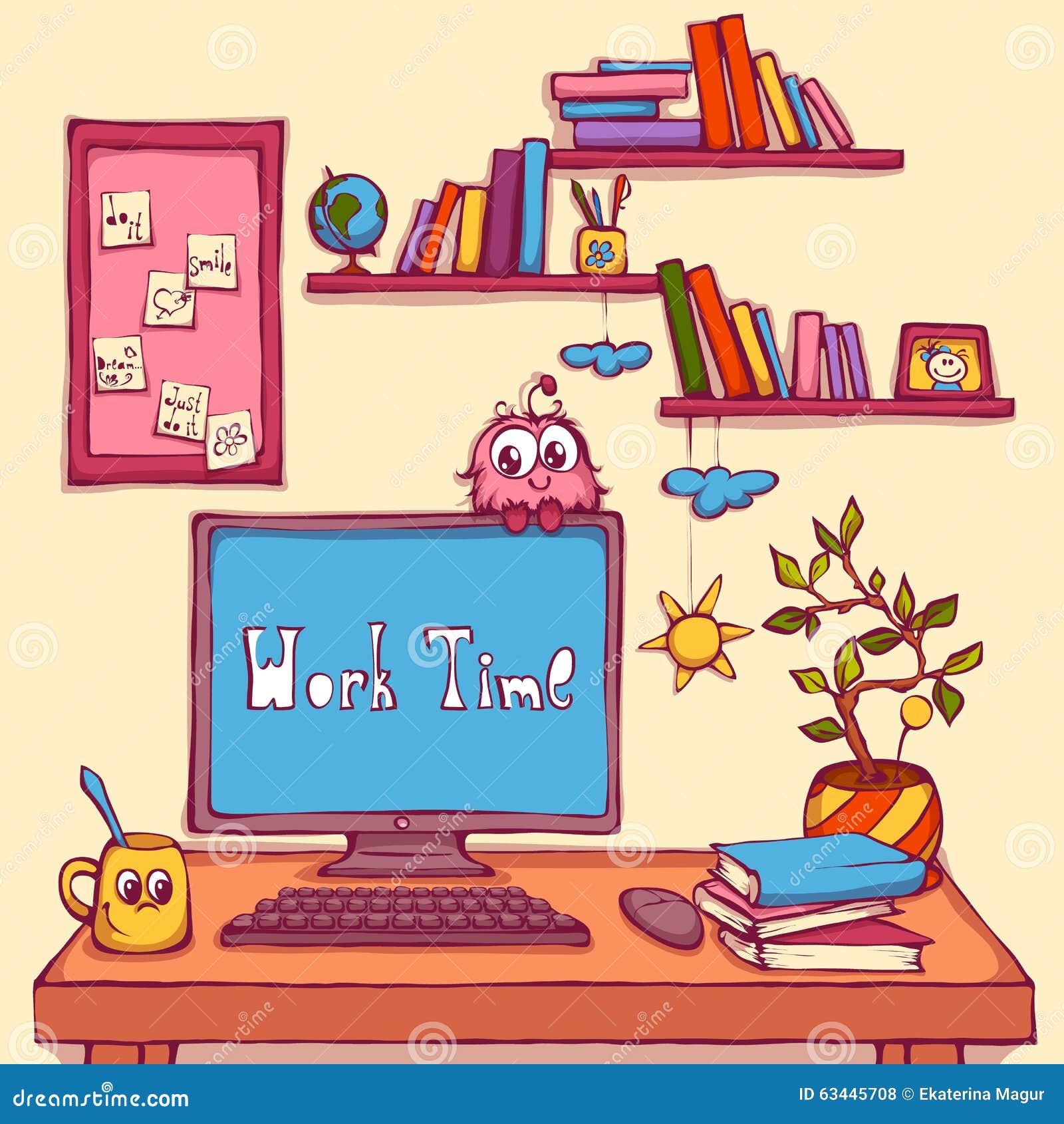 Vector Cartoon Illustration Of Workplace In Office | CartoonDealer.com ...