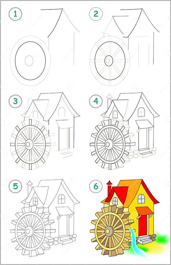 Page Shows How To Learn Step by Step To Draw a Water Mill. Developing ...