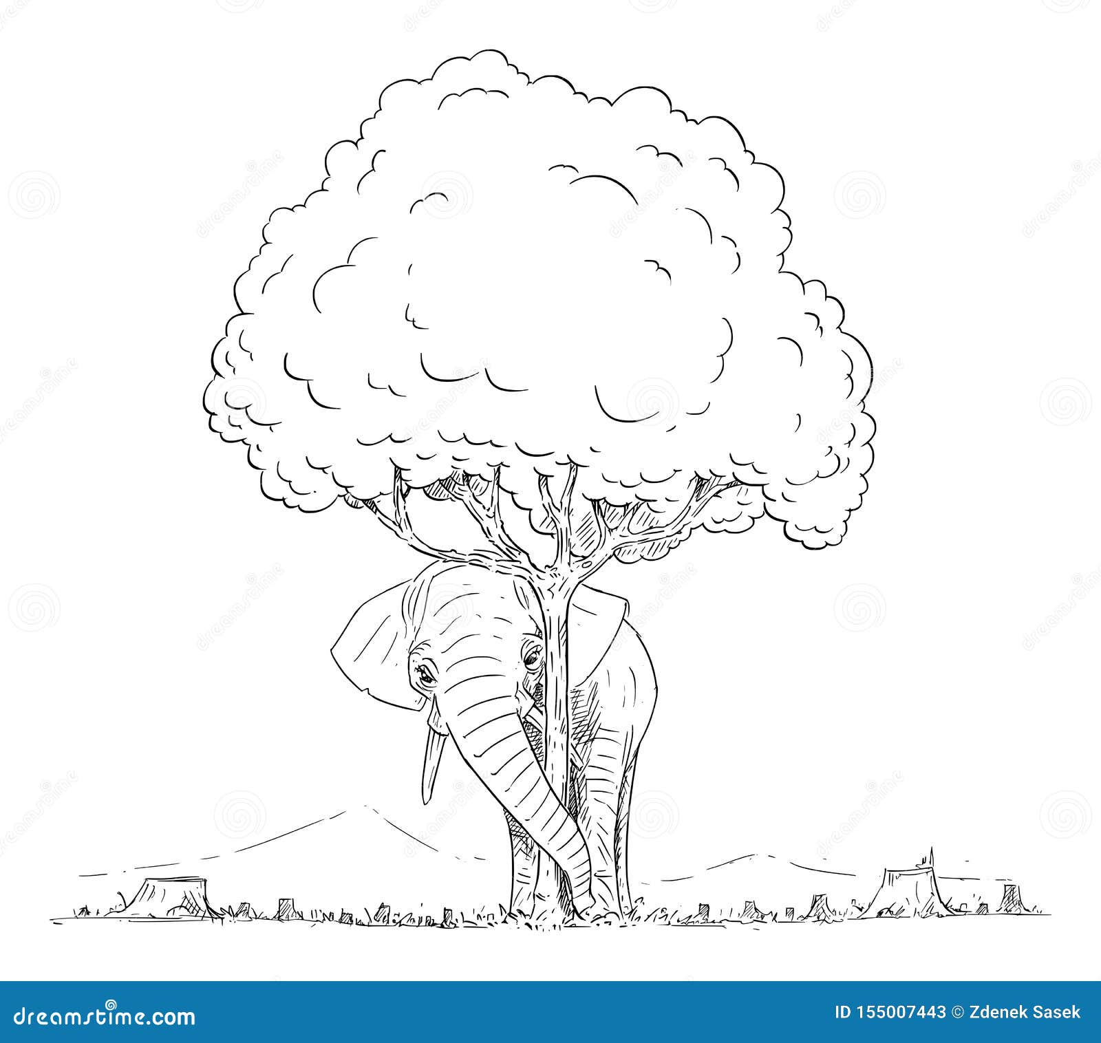 Vector Cartoon Of Last Elephant Hiding Behind The Last Tree That Left ...