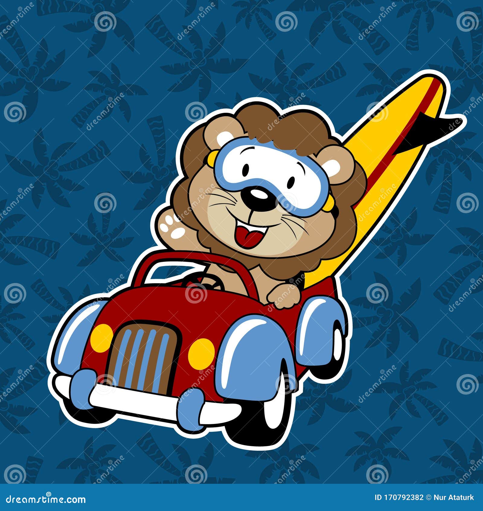 Cartoon of Lion Driving a Car with Surfboard Stock Vector ...