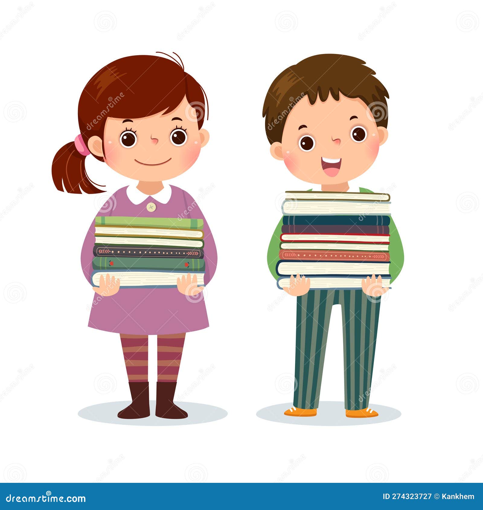 Vector Cartoon of Little Girl and Boy Holding Stack of Books Stock ...