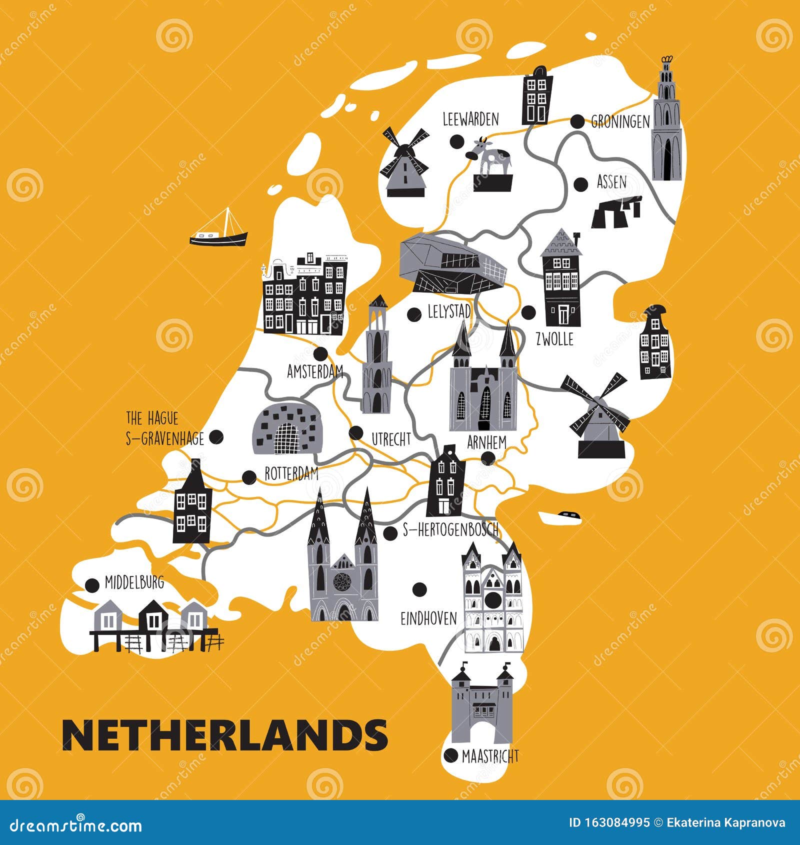 Vector Cartoon Map of Netherlands Stock Illustration - Illustration of ...