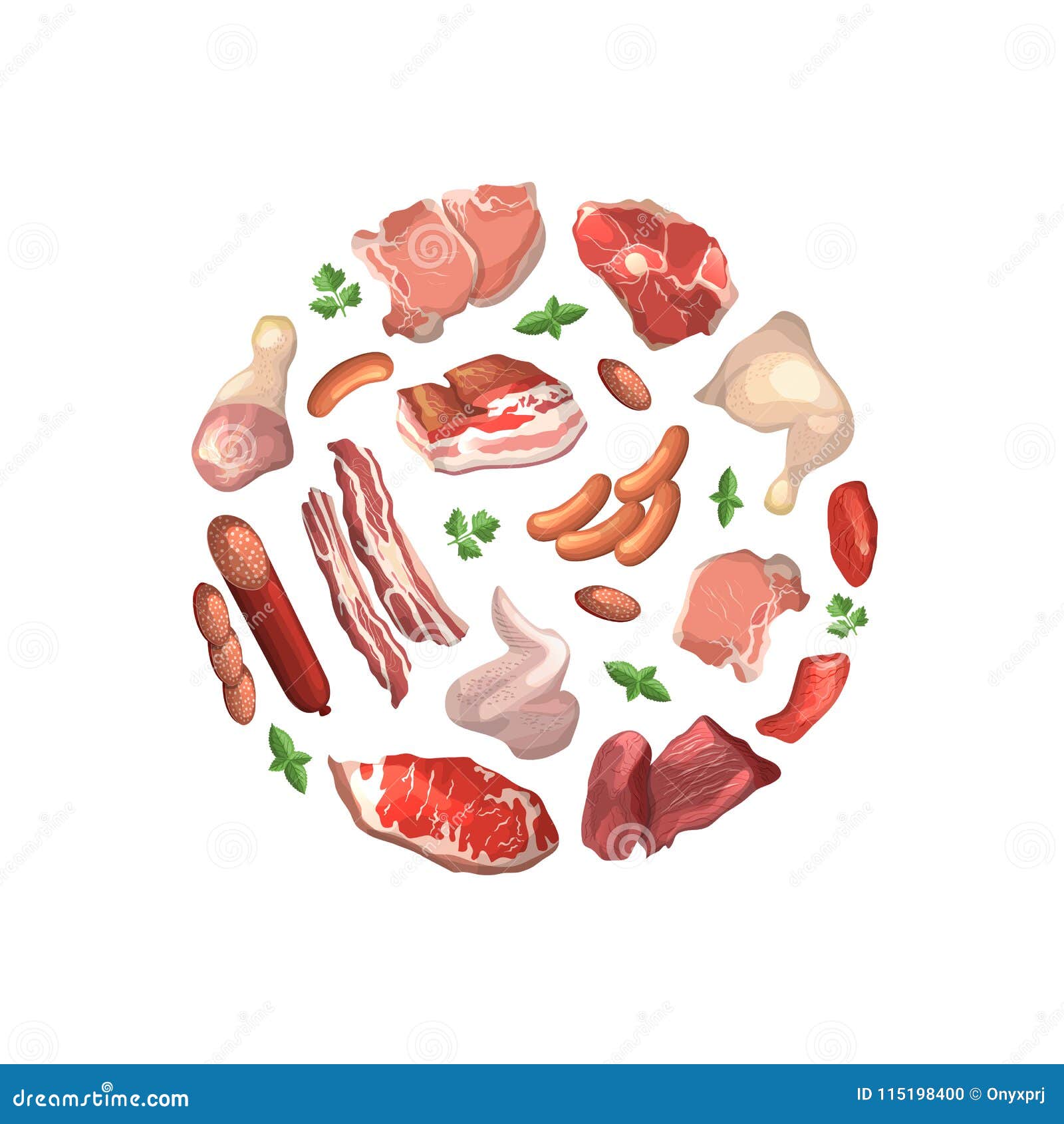 Vector Cartoon Meat Elements Gathered in Circle Illustration Stock ...