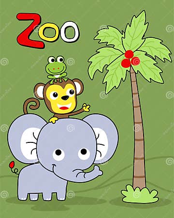 Vector Cartoon of Monkey and Frog Ride on Elephant with a Palm Tree ...
