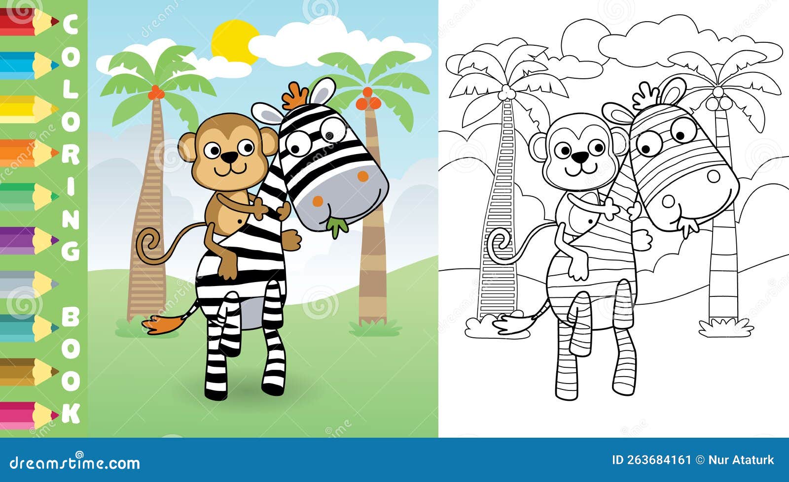 Vector Cartoon of Monkey Ride on Zebra, Coloring Page or Book Stock ...
