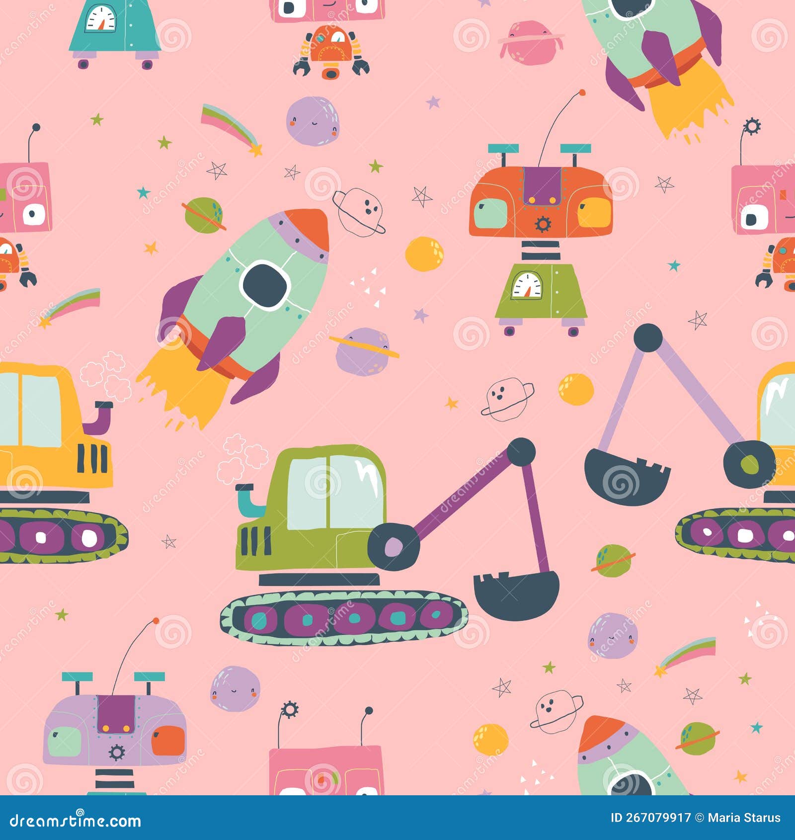 Cartoon Pattern with Robots, Digger,Cosmic Rocket on Pink Background ...