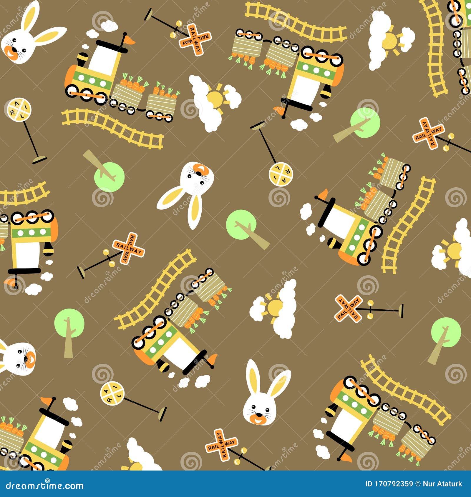 Pattern of Railways Theme Cartoon with Funny Bunny Stock Vector ...