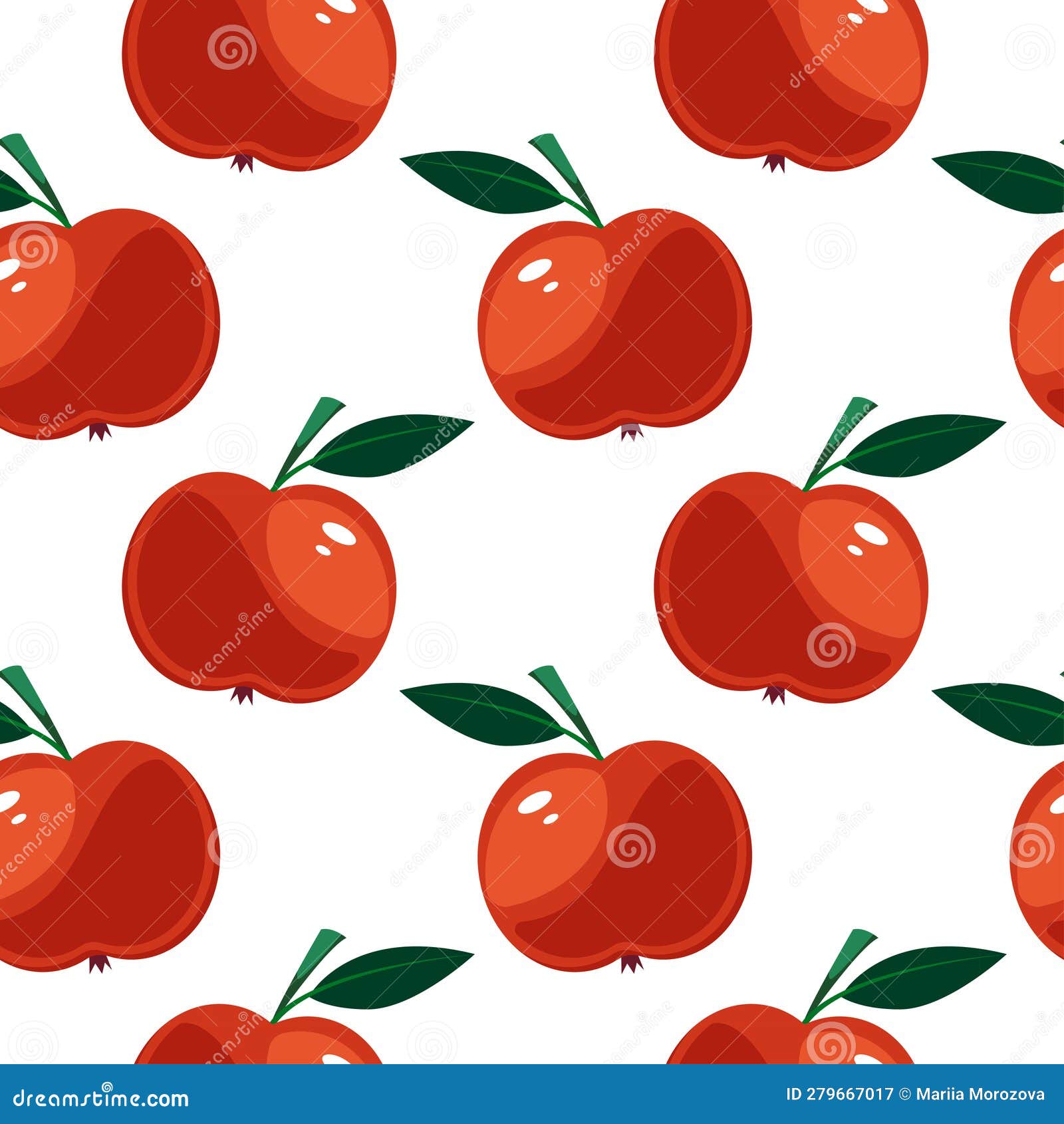 Vector Cartoon Pattern of Whole Red Apples with Leaves on White ...