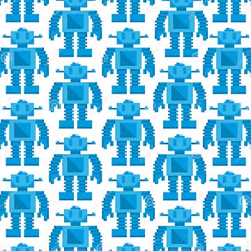 Vector Cartoon Pixel Art Blue Robot Background Stock Illustration ...