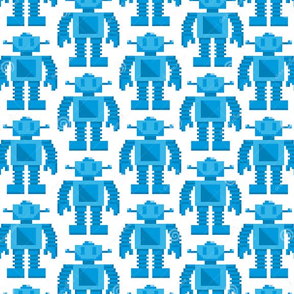 Vector Cartoon Pixel Art Blue Robot Background Stock Illustration ...