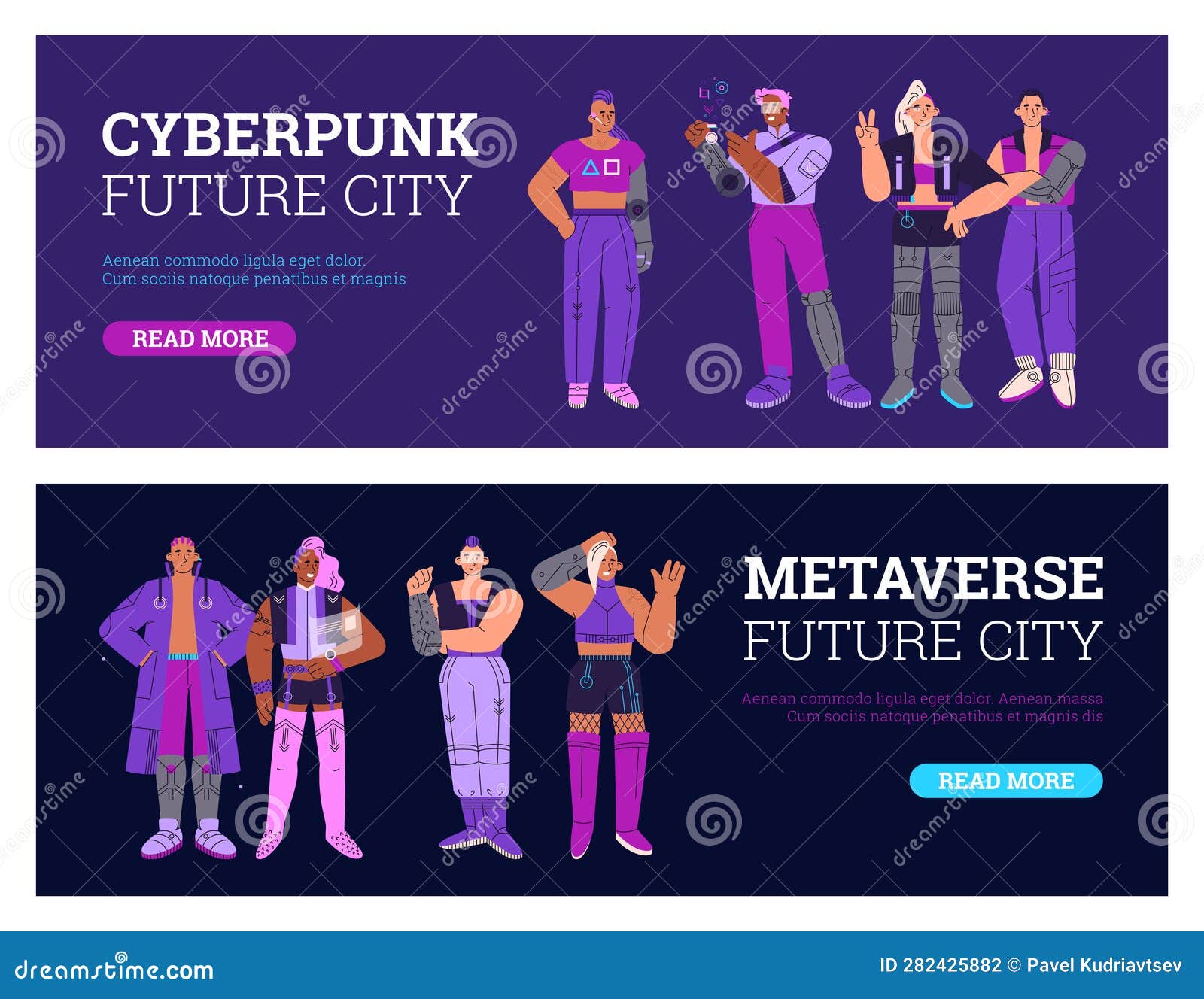 Vector Cartoon Posters Set with Cyberpunk Robotic People from Future ...