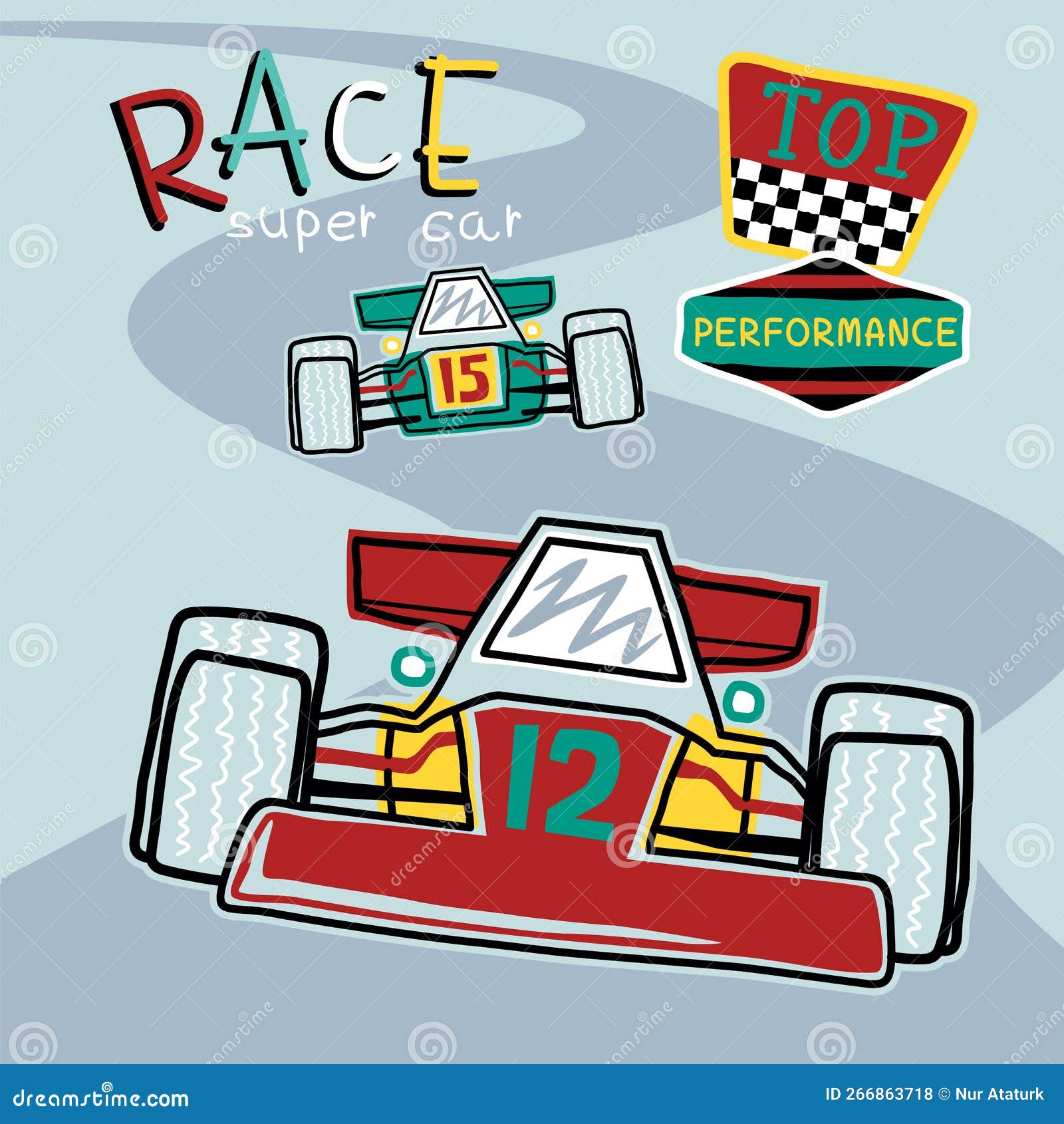 Vector Cartoon of Racing Car on the Race Track with Racing Symbol Stock ...