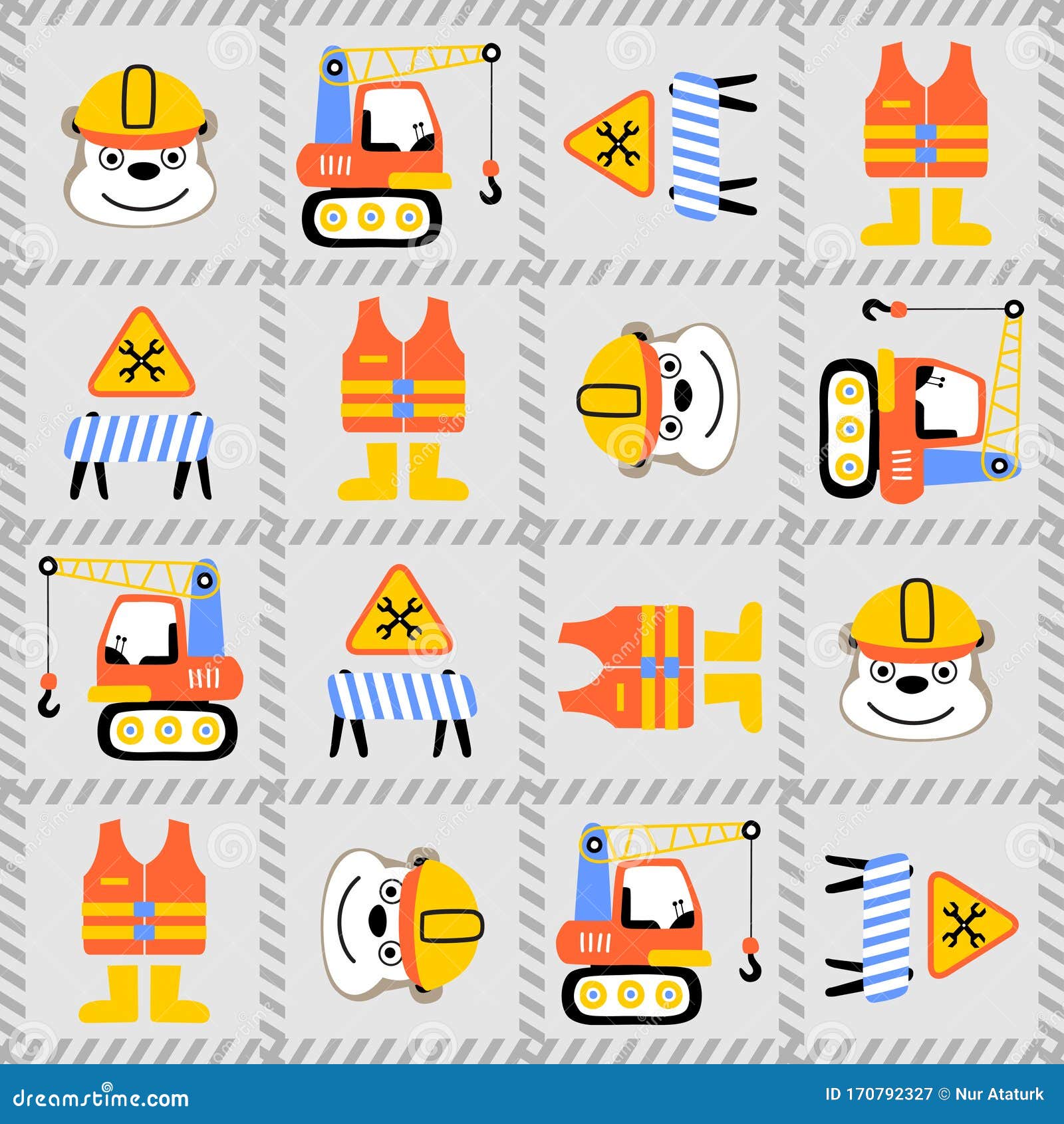 Seamless Pattern of Construction Equipments Cartoo with Funny Worker ...