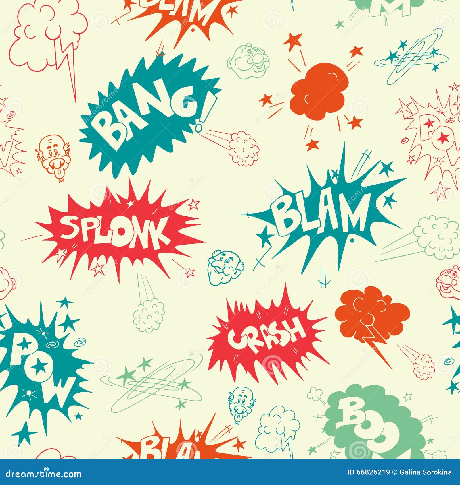 Vector Cartoon Seamless Pattern of Doodle Colored Comic Sound Effects ...