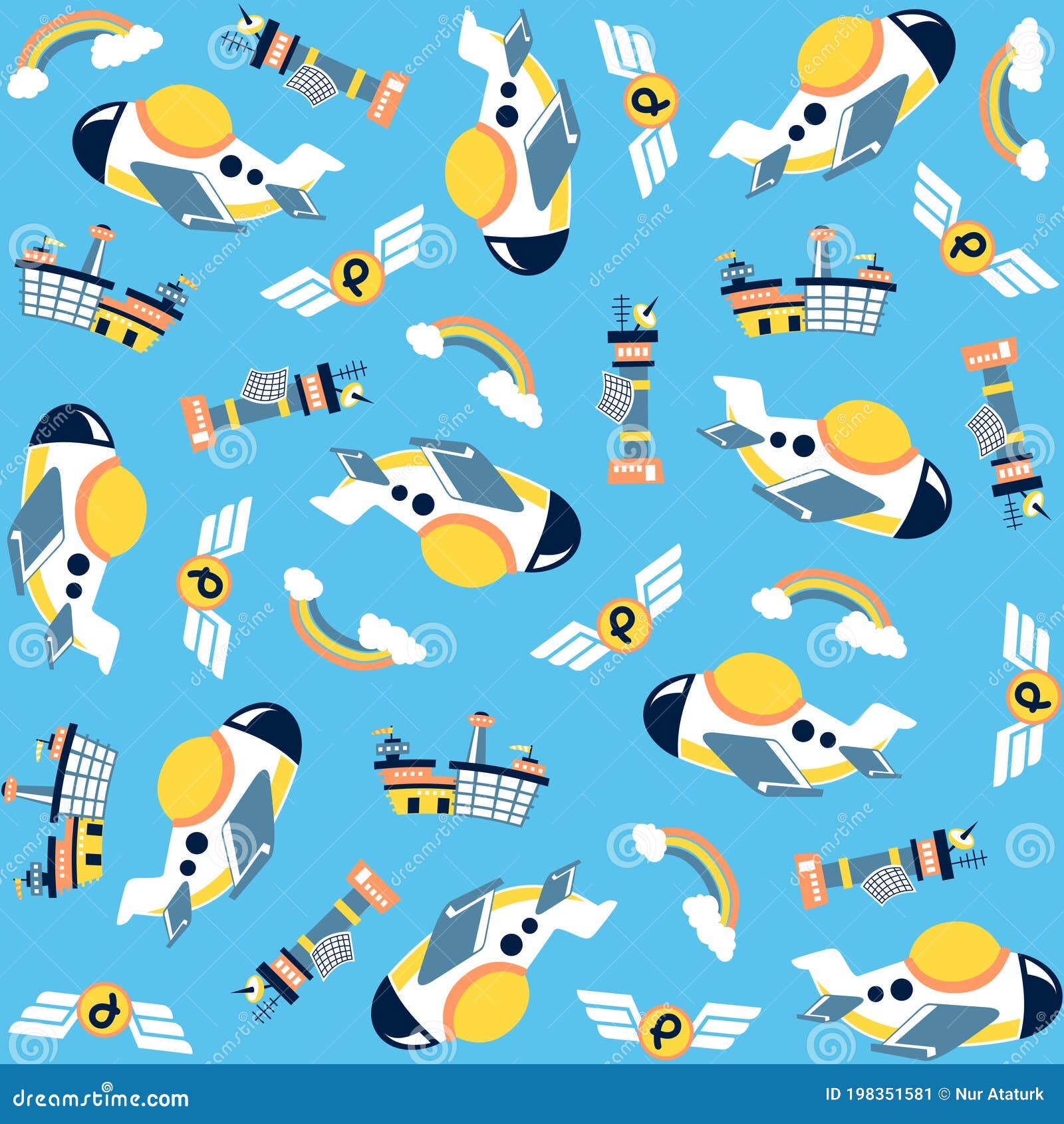 Vector Cartoon Seamless Pattern With Plane, Airport Element ...