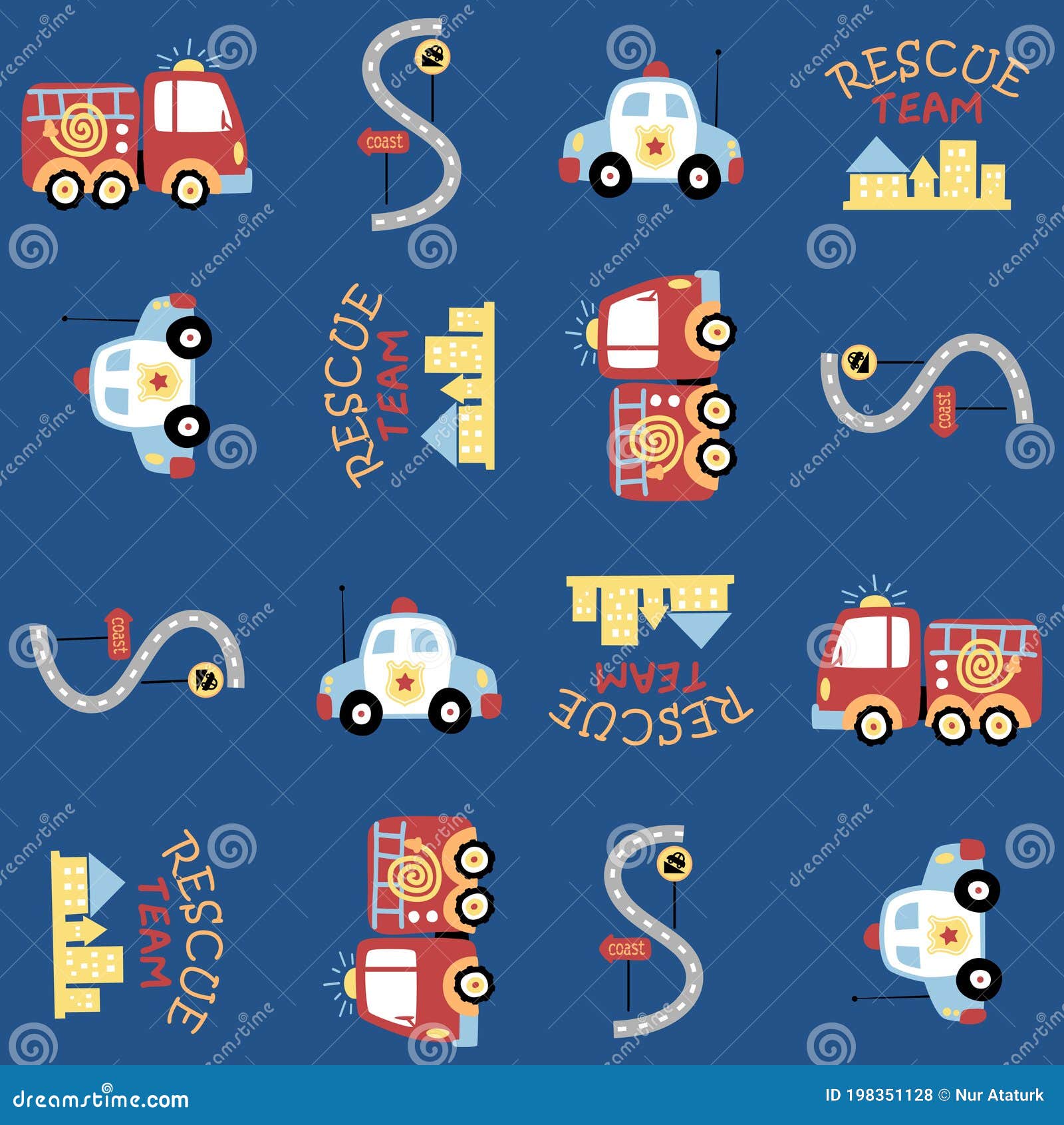Vector Cartoon Seamless Pattern of Emergency Vehicles Stock Vector ...