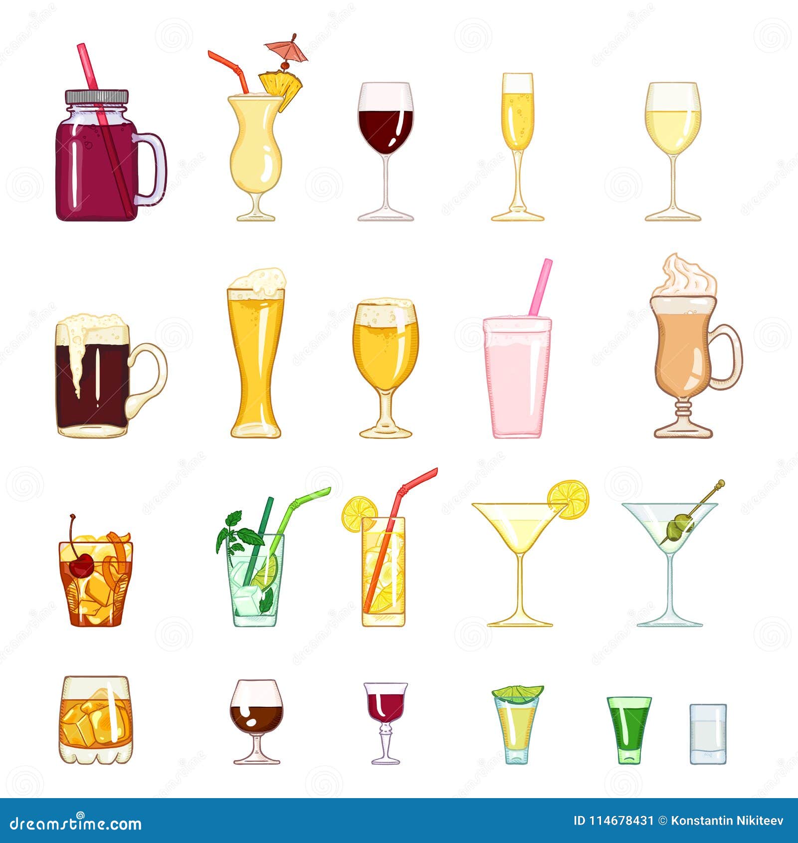 Vector Cartoon Set of Alcohol, Soft Drinks and Cocktails. Stock Vector ...
