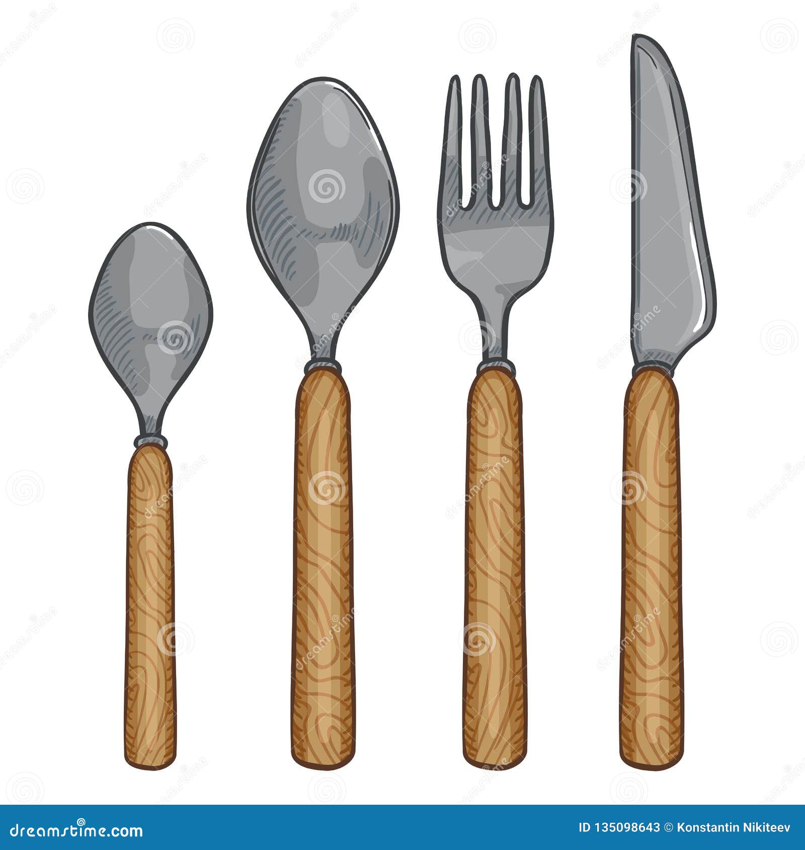 Vector Cartoon Color Set of Cutlery with Wooden Handles. Knife, Fork ... Vector Cartoon Color Set of Cutlery with Wooden Handles. Knife, Fork ...