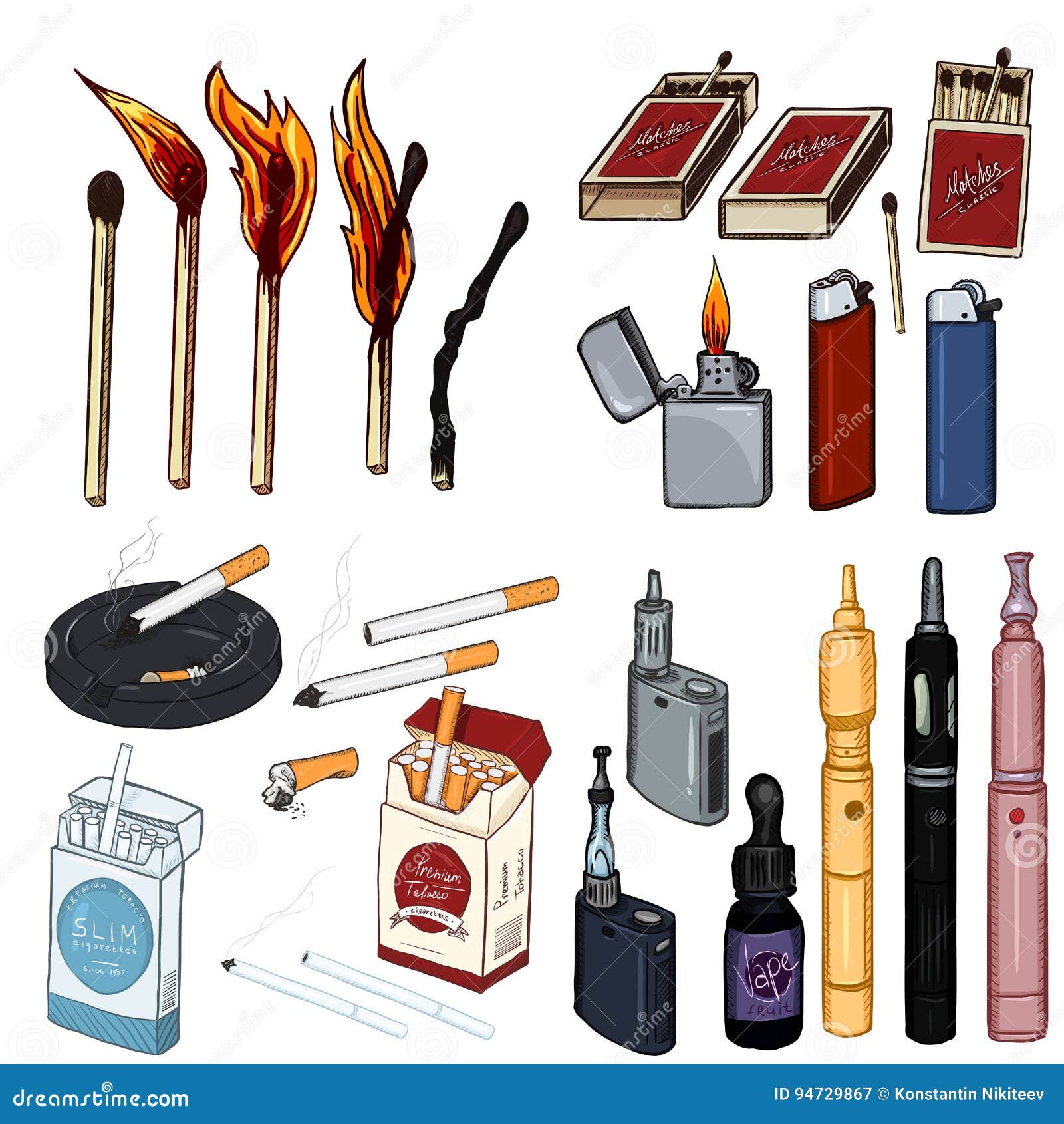Vector Cartoon Set of Smoking and Vaping Items. Stock Vector ...