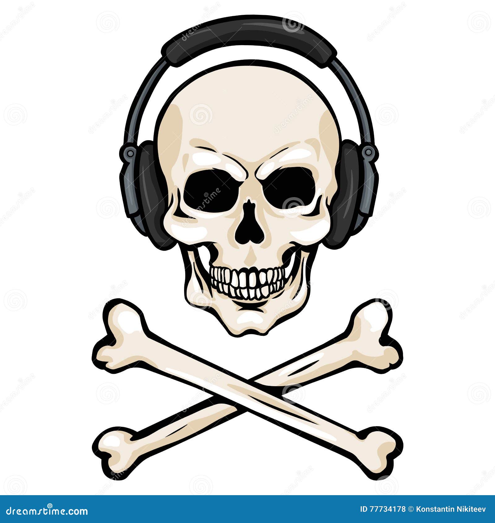 Vector Cartoon Skull with Headphones and Cross Bones Stock Illustration ...