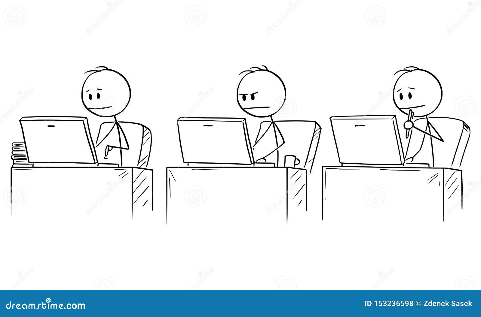 Vector Cartoon of Three Businessmen Working or Typing on Computers in ...