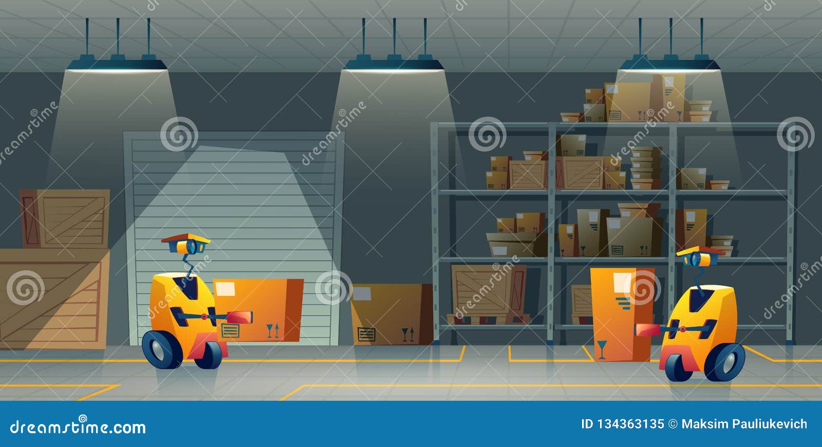 Vector Cartoon Storehouse, Storage With Robot-workers, Automation ...