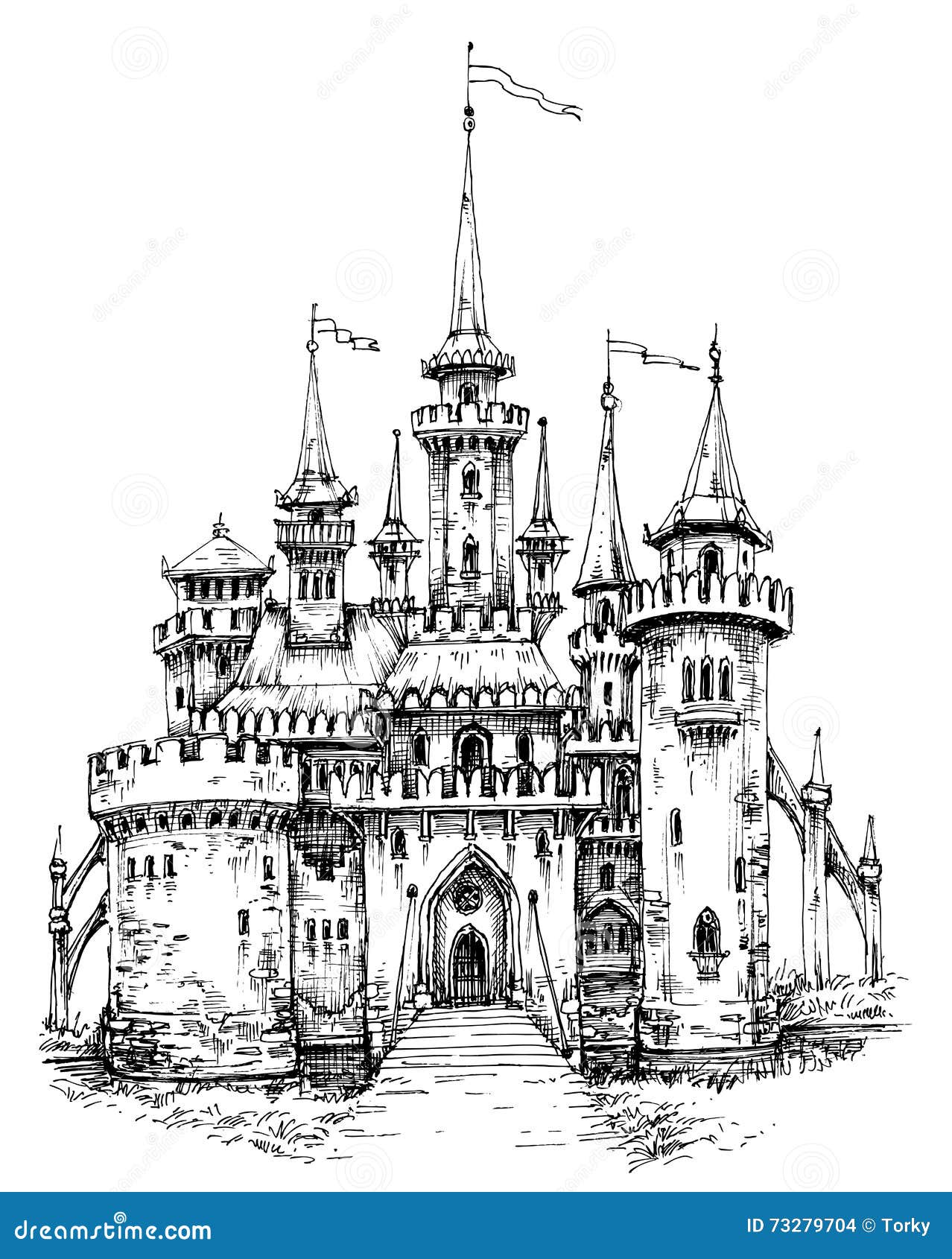 Old Castle Front View Artistic Hand Drawing Cartoon Vector ...
