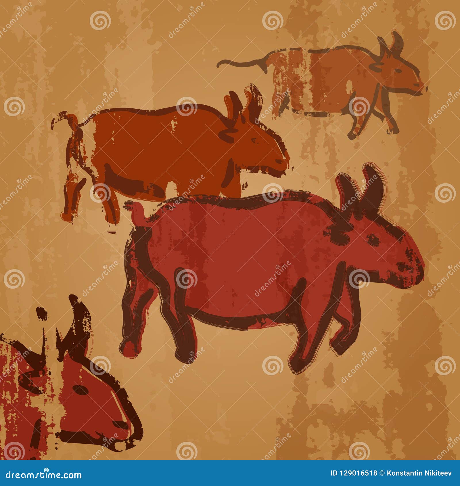 Vector Cave Drawing Illustration - Herd of Cows. Primitive Arts Stock ...