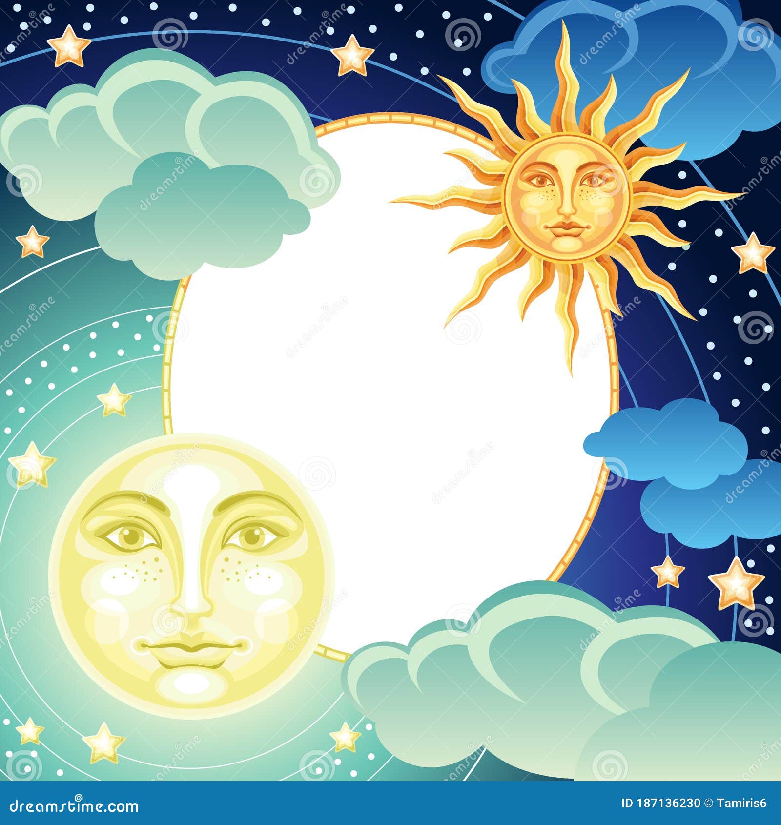 Celestial Frame with Moon and Sun on Starry Sky Background Stock Vector ...