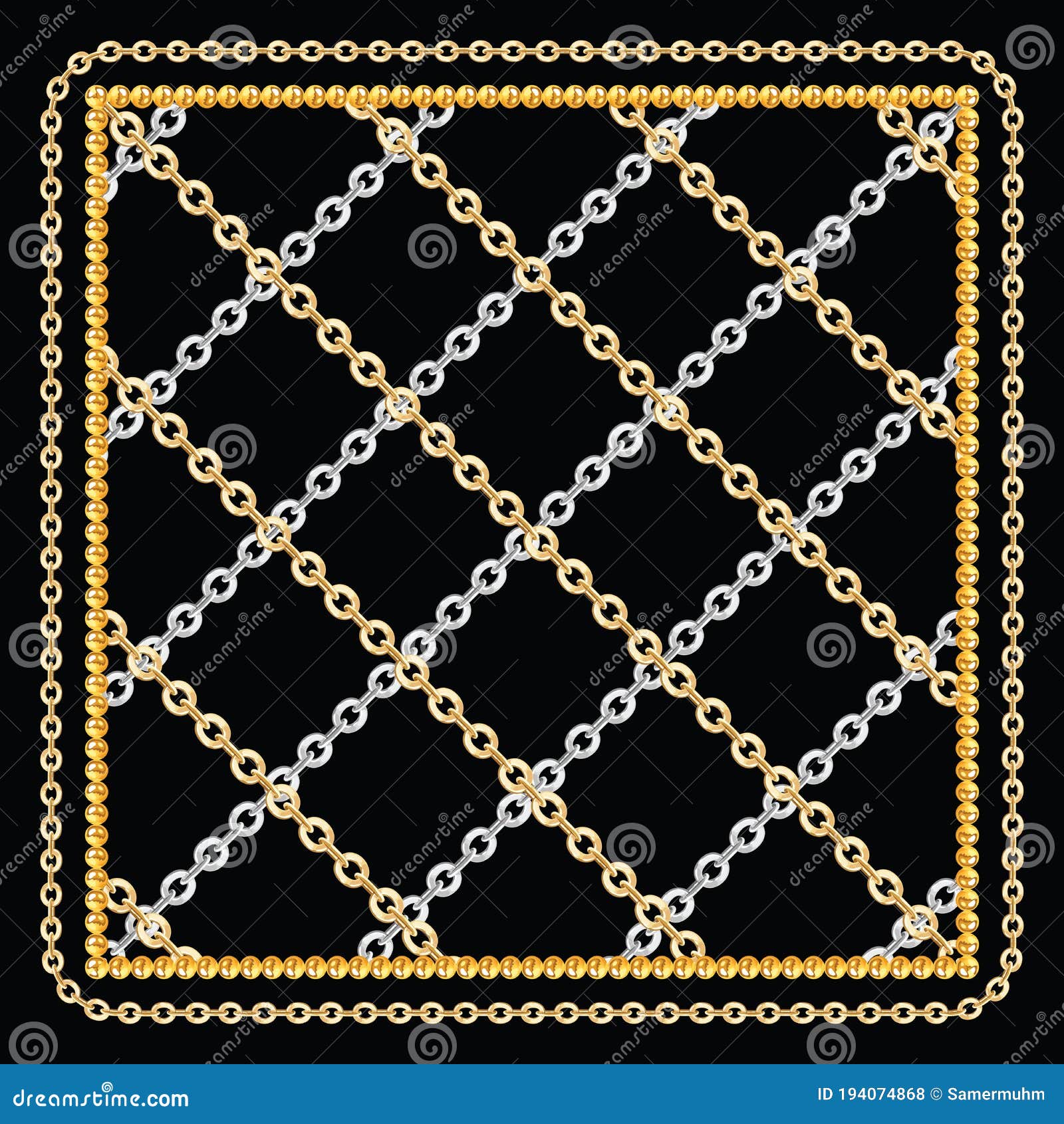 Scarf Design with Golden and Silver Chains on Black Background. Modern ...