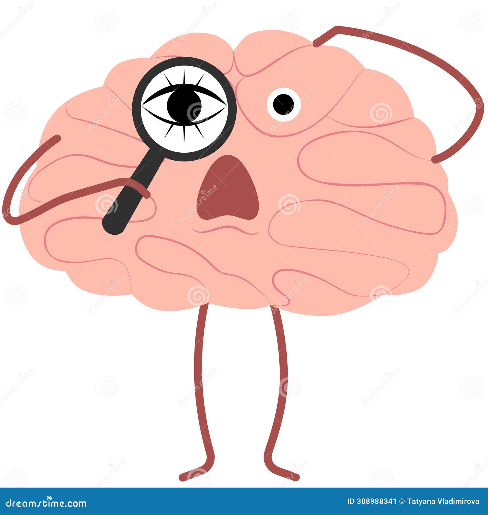 Surprised Brain Looks through a Magnifying Glass. Vector Illustration ...