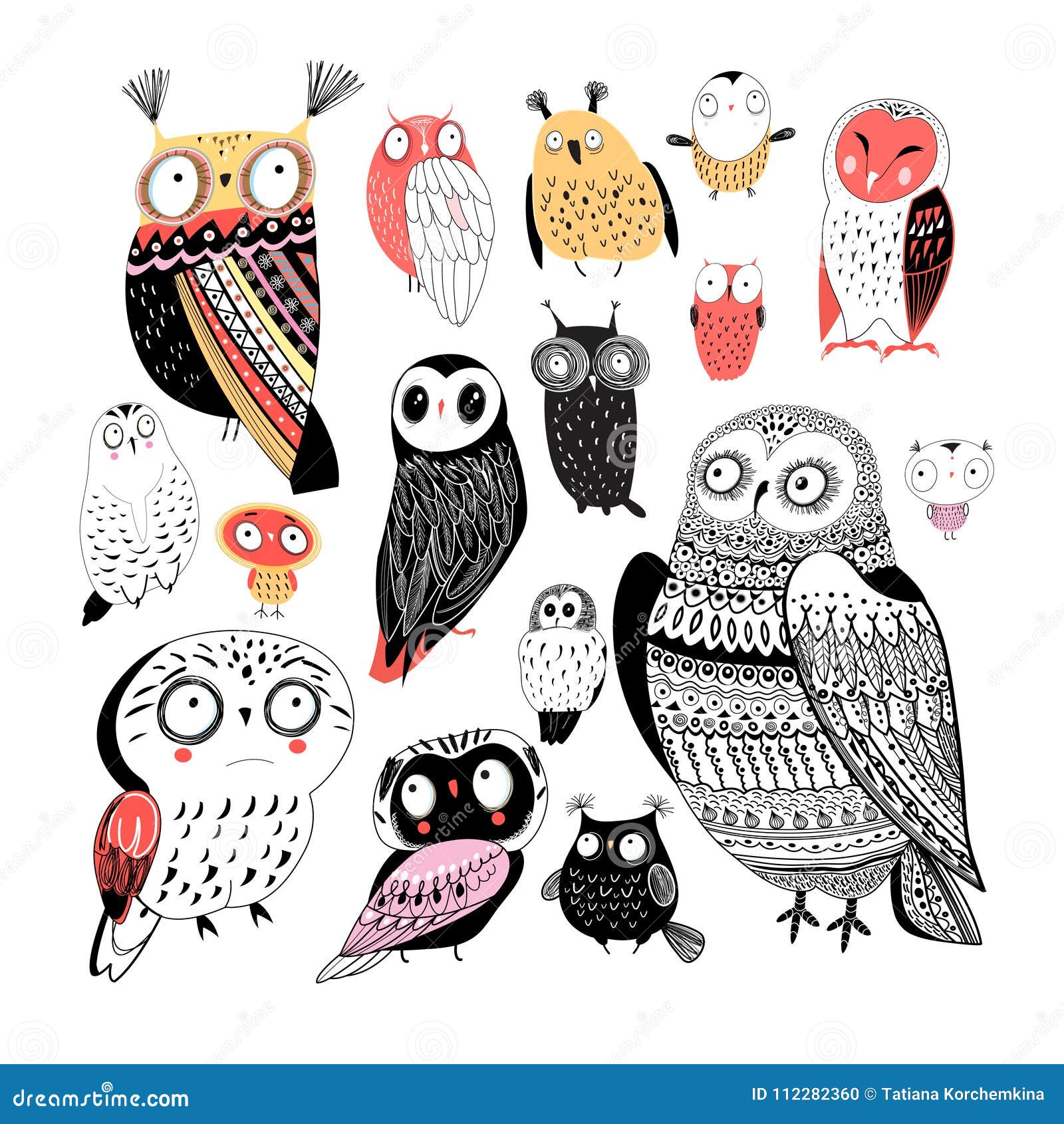 Vector Cheerful Collection of Graphic Owls on a White Background Stock ...