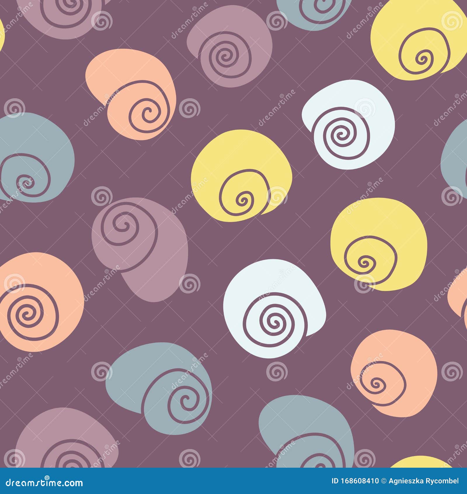 Vector Cheerful Snail Shells on Purple Seamless Pattern Background ...