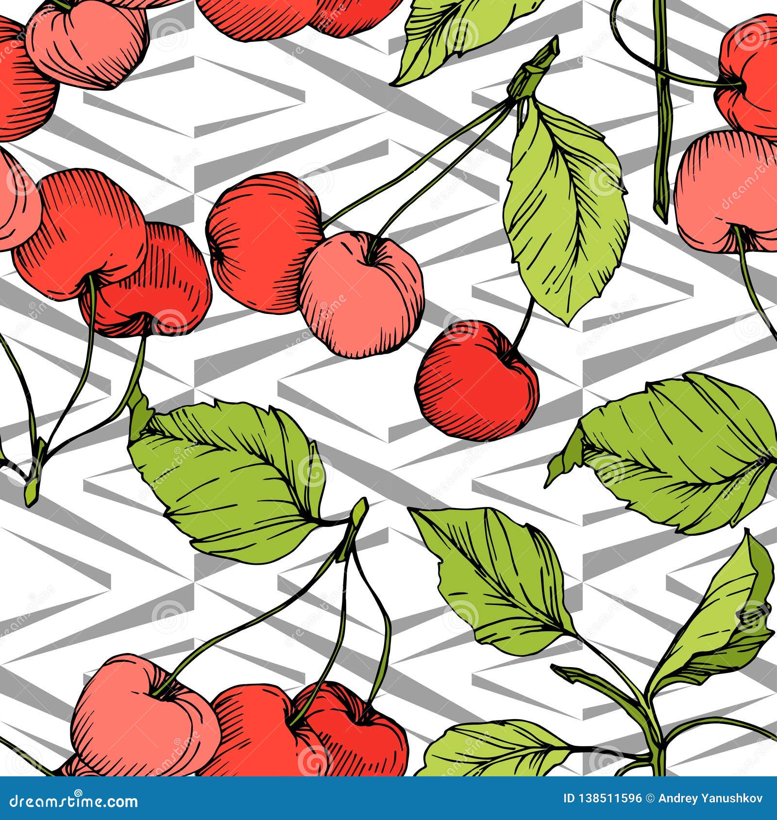 Vector Cherry Fruits on White Background. Green Leaf. Red and Green ...