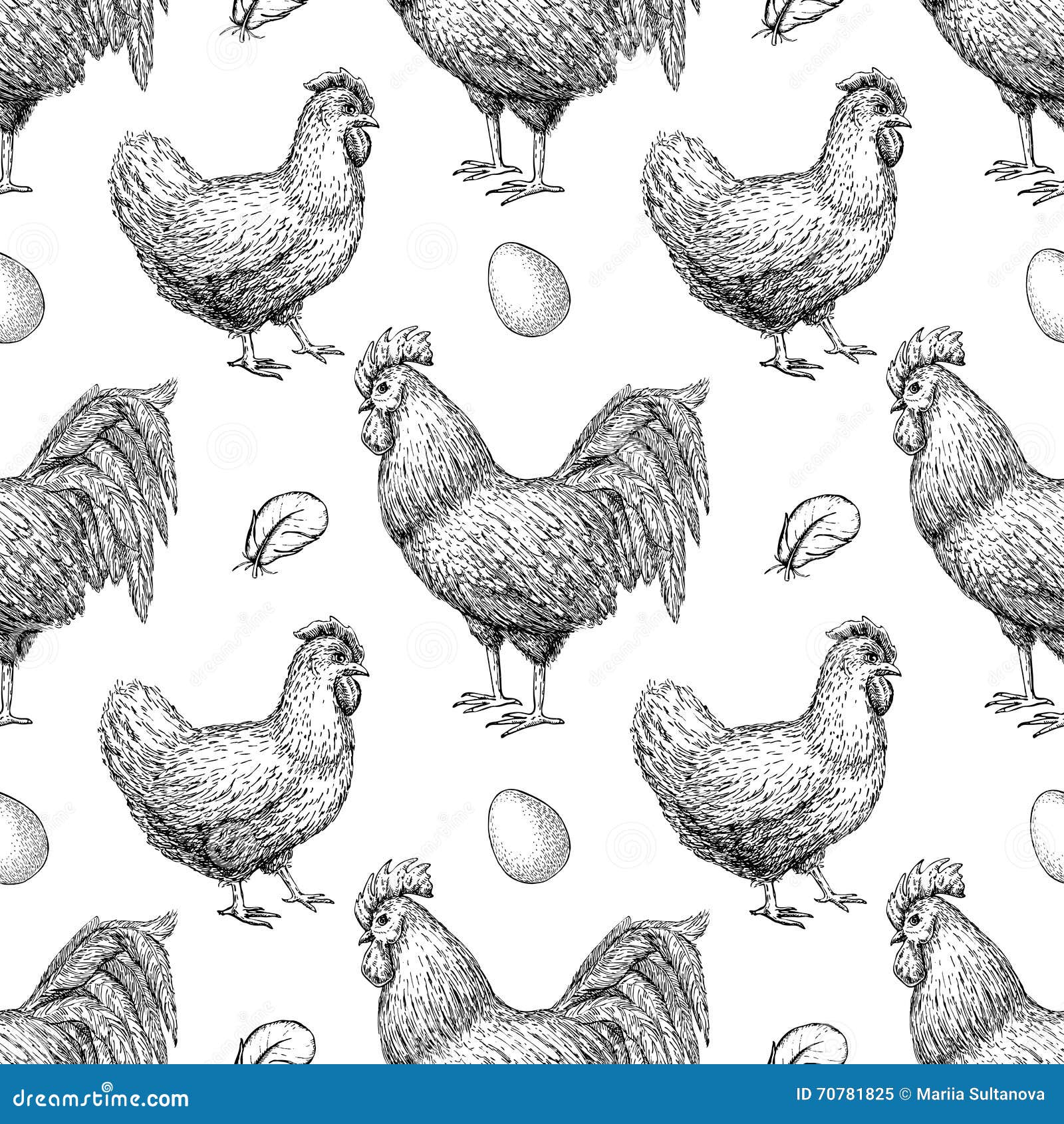 Vector Chicken Breeding Hand Drawn Seamless Pattern. Stock Vector ...