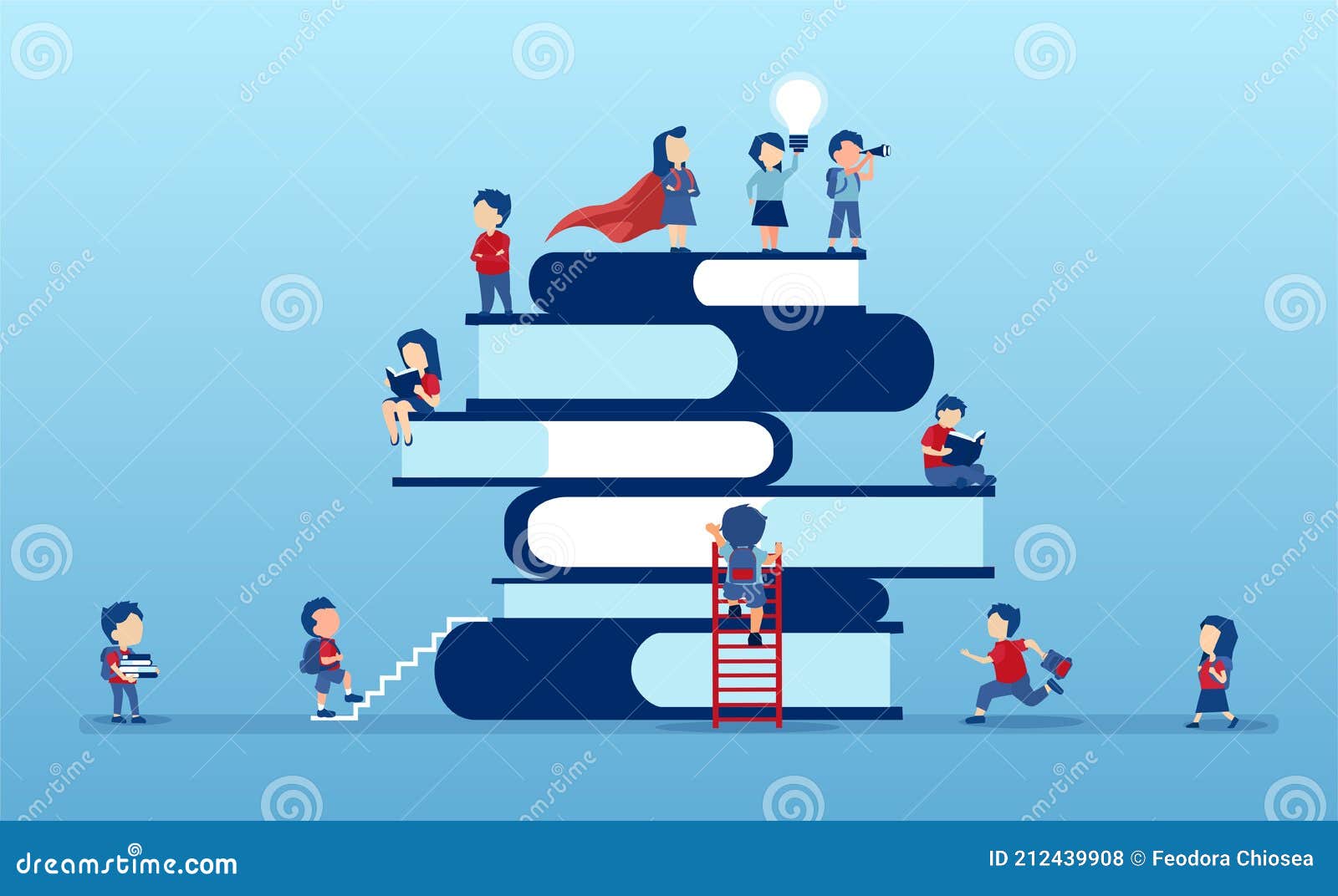 Vector of Children Climbing Up on a Top of a Stack of Books Eager To ...
