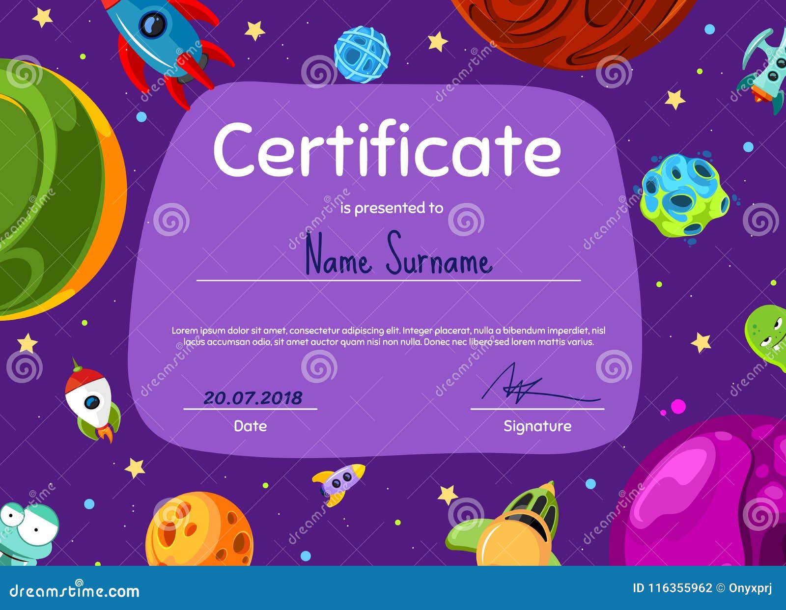 Vector Children Diploma Or Certificate With Cartoon Space Planets ...