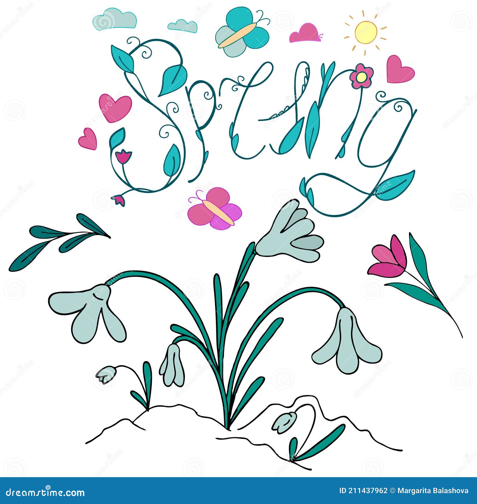 Vector Childrens Illustration in Doodle Style - Hello Spring Stock ...