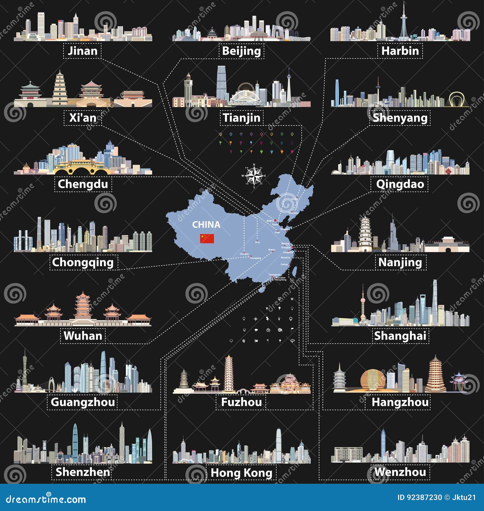 Vector China Map with Largest Chinese City Skylines Stock Vector ...