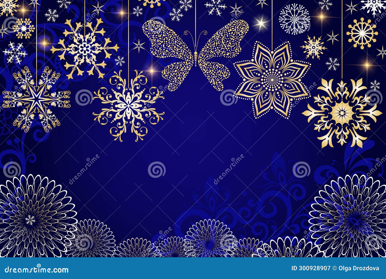 Vector Christmas Dark Blue Gradient Frame with Golden Snowflakes Stock ...